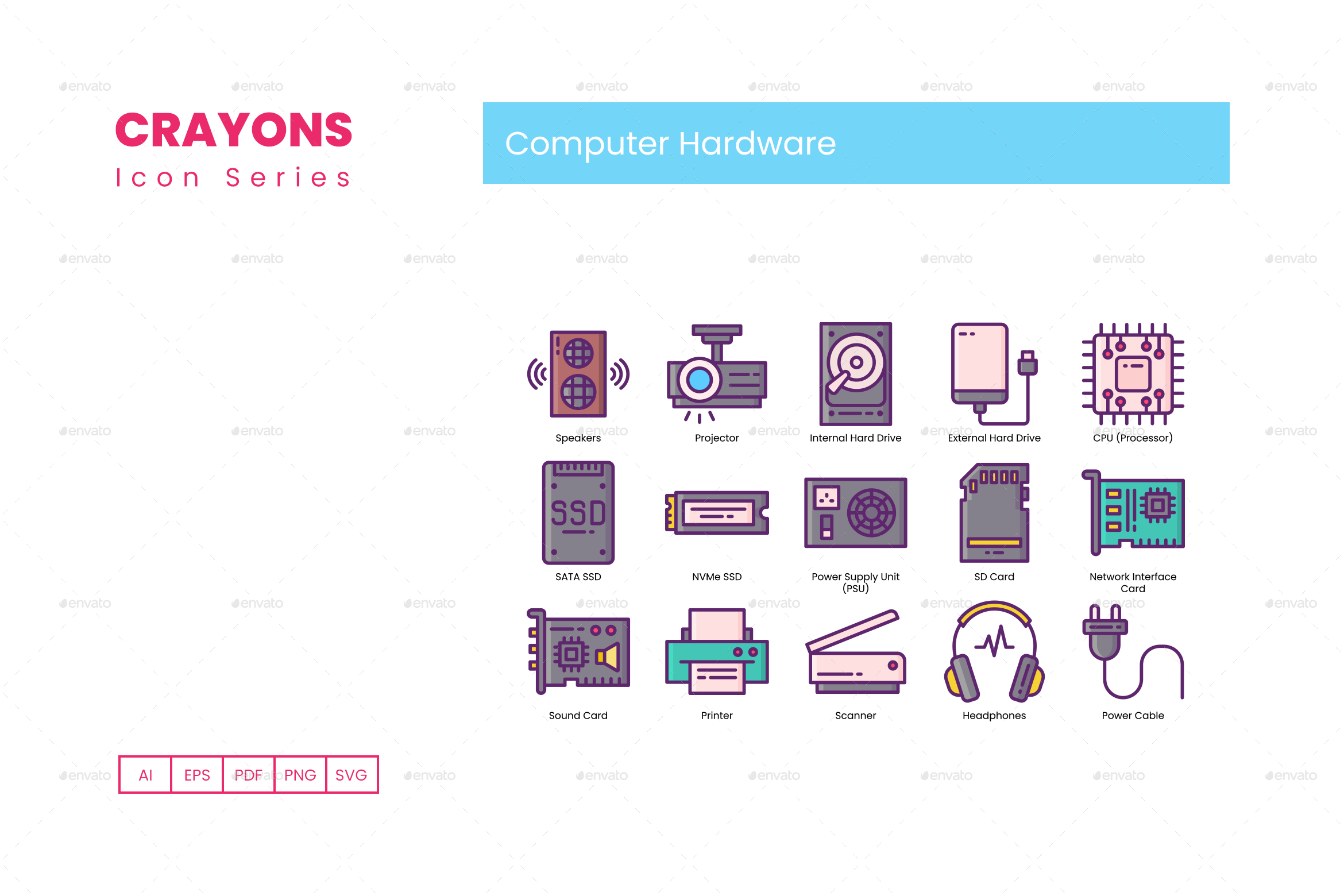 50 Computer Hardware Icons | Crayons Series by Krafted | GraphicRiver